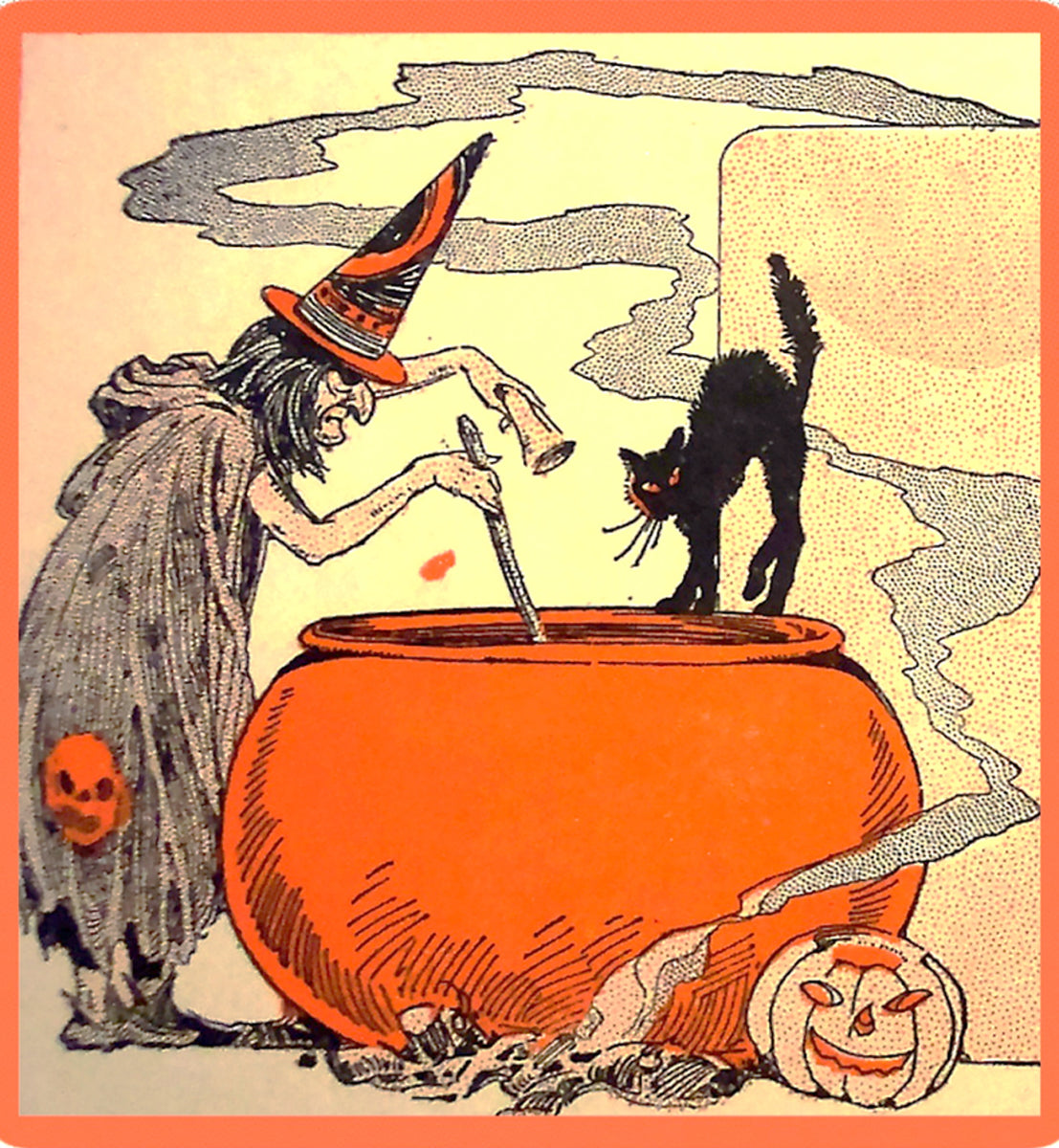 Vintage Halloween Postcard: Witch and Cauldron