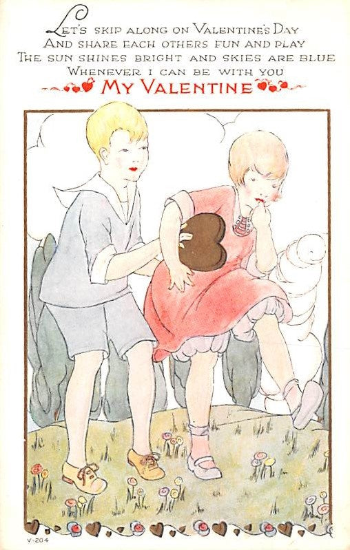 Vintage Valentine Postcard: Let's skip along on Valentine's Day